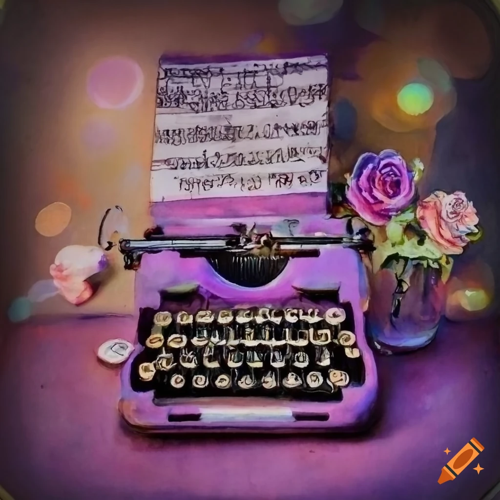 Steampunk purple typewriter, music sheets, violin, cupcakes and ...