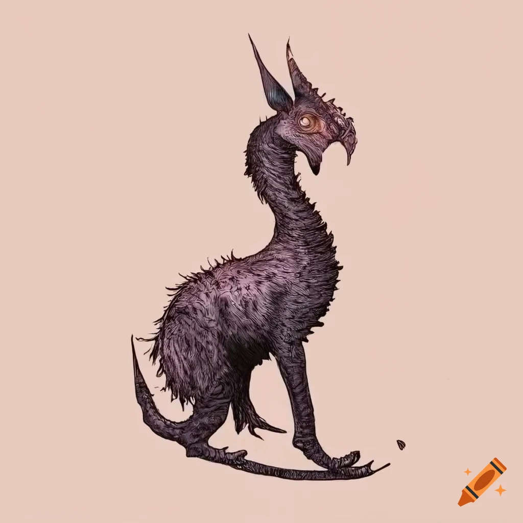 Mystical creature with long neck and sharp canines in high-quality pen ...