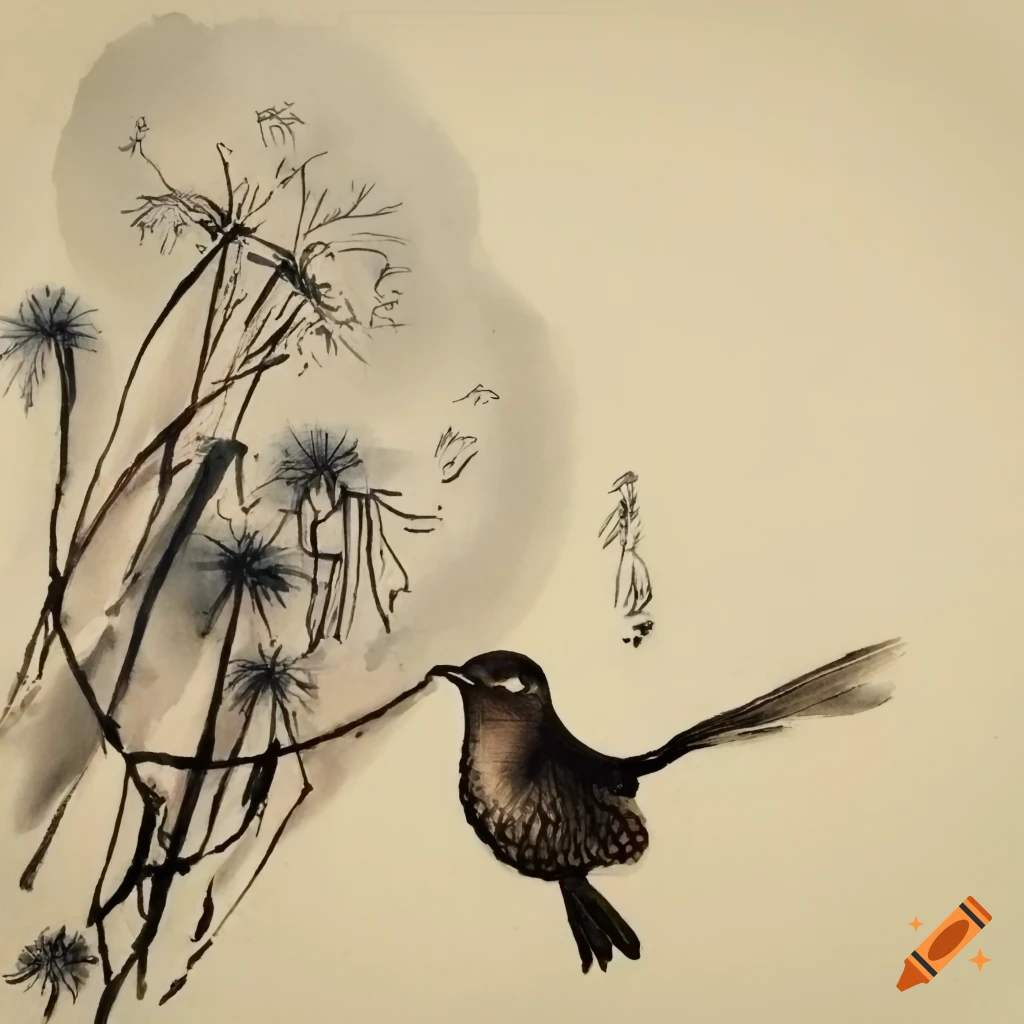 Chinese ink painting of dandelion with a wren on Craiyon
