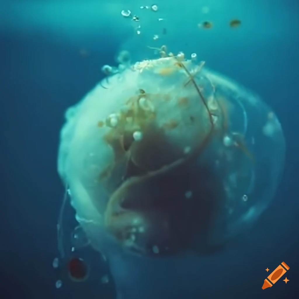 Victorian era sphere descending in a deep blue sea with fishes, rays of ...