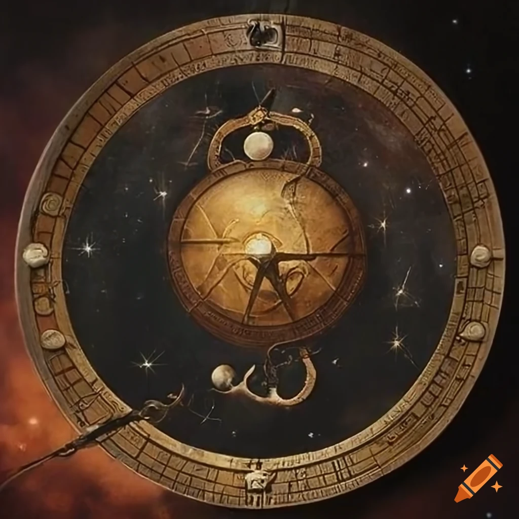 Detailed dark stone astrolabe with stars in the distance, medieval ...