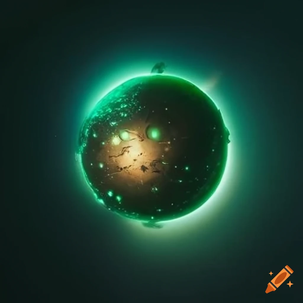 Metal planet with green glow and spaceships flying in space on Craiyon