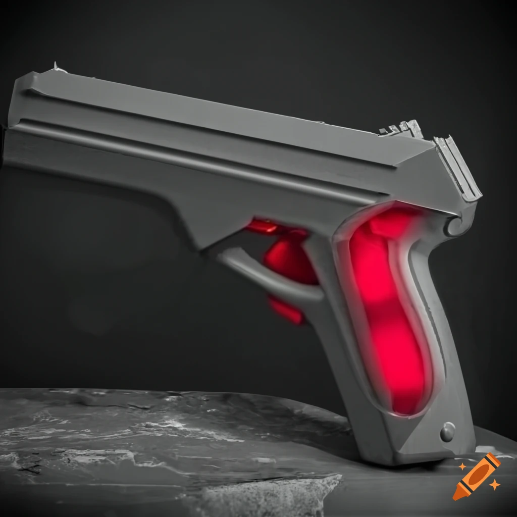 Alien technological gun with glowing red accents on a stone table on ...