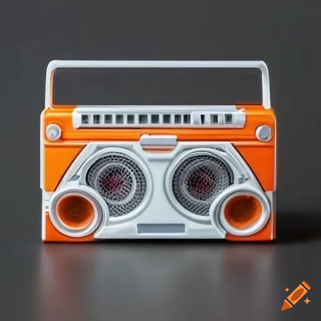 Miniature plastic orange and white boombox designed by braun on Craiyon