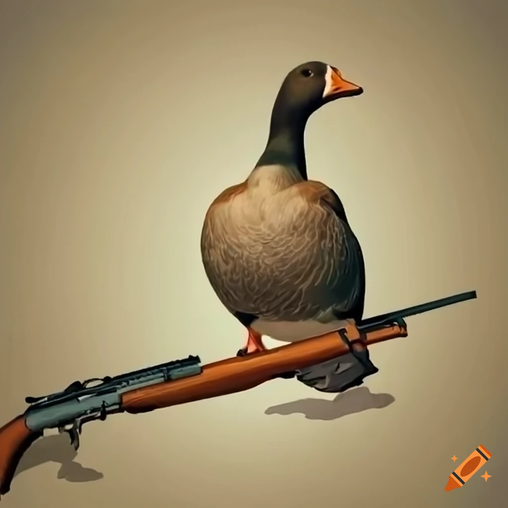 Goose with a rifle perched on a tree on Craiyon