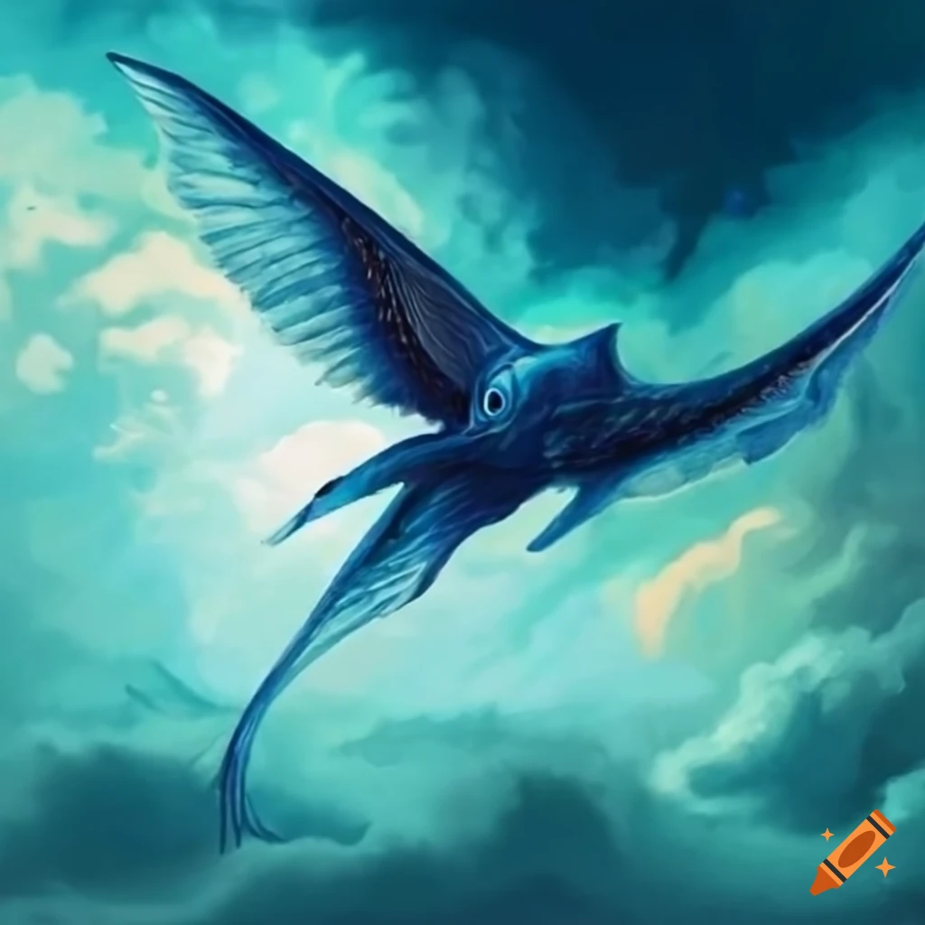 Strange blue flying fish creature in the cloudy sky on Craiyon