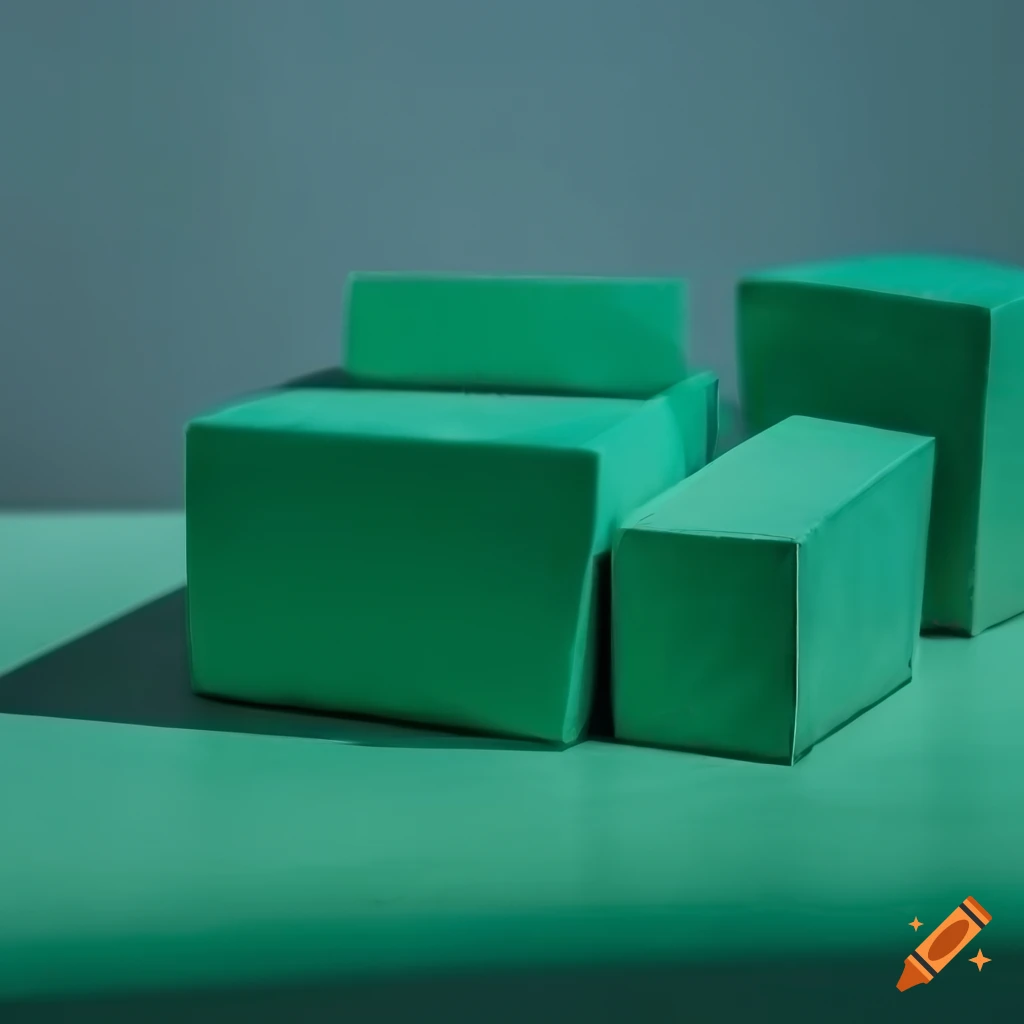 Unique solid objects and boxes on table in dimly lit hotel room on Craiyon