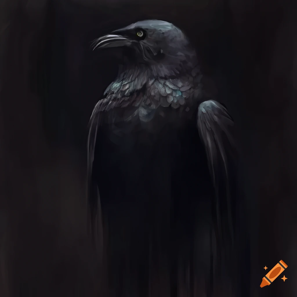 Dark romantic painting of raven with visible canvas texture and brush ...