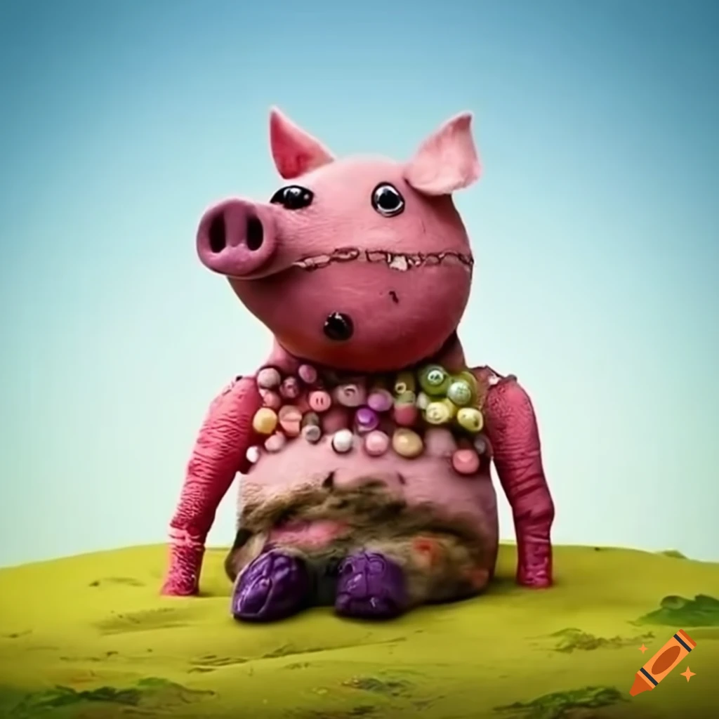 Sock and button pig sculpture on a hill on Craiyon