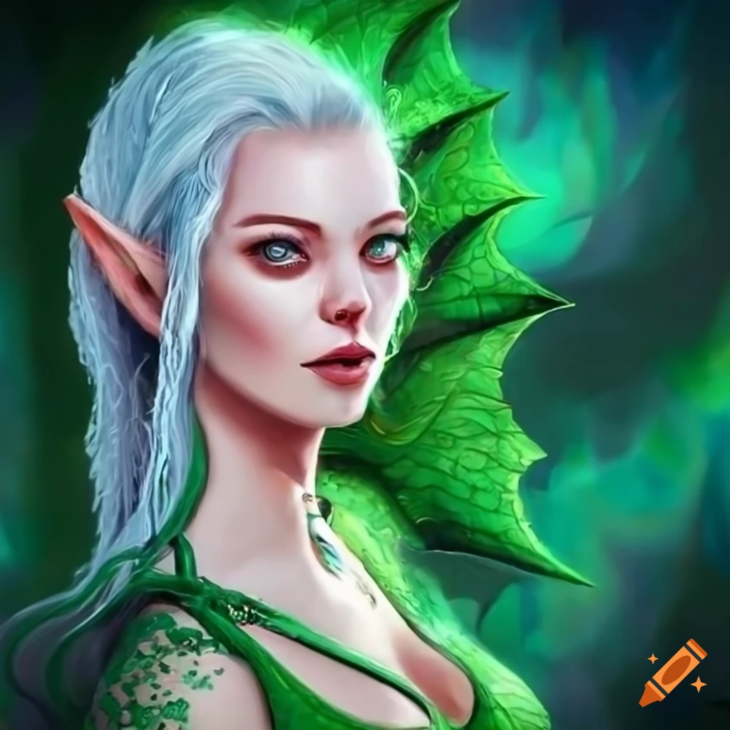 Beautiful white-haired elf with green dragon scales on Craiyon