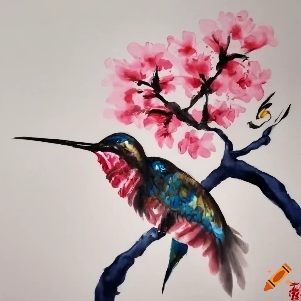 Chinese ink painting of a hummingbird on a sakura branch on Craiyon