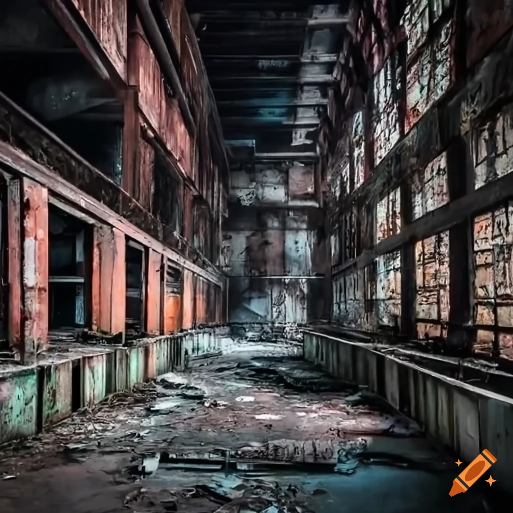 Interior of a large abandoned steel factory with photorealistic details ...