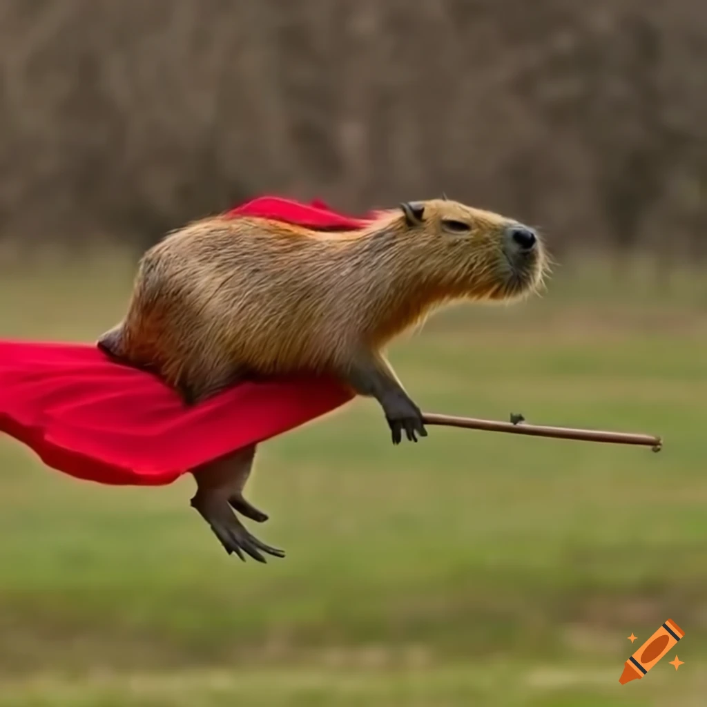 Super strong female capybara flying with a red cape and magic wand on ...