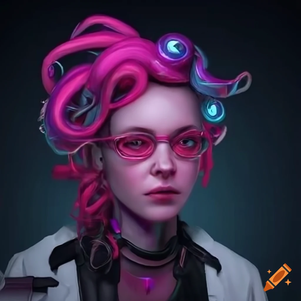 Cyberpunk scientist girl with pink tentacle hair on Craiyon