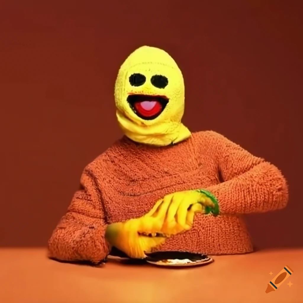 Colorful ski mask puppet having breakfast with fluffy worms in spandex ...