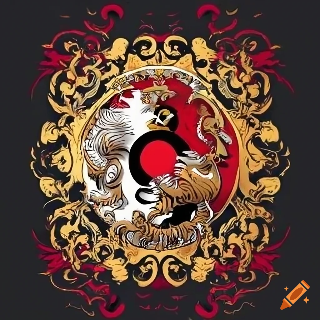 Family crest with tiger and monkey yin yang in red and gold on Craiyon