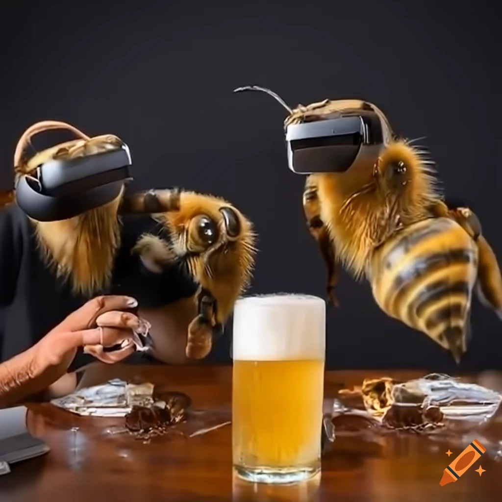 Four bees with oculus rift headsets sitting at a table with beers on ...