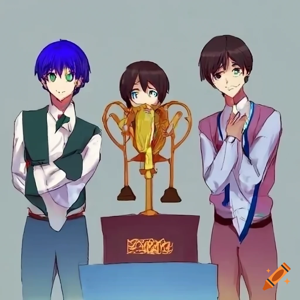 Anime style team of guys with winner's cup on a podium on Craiyon