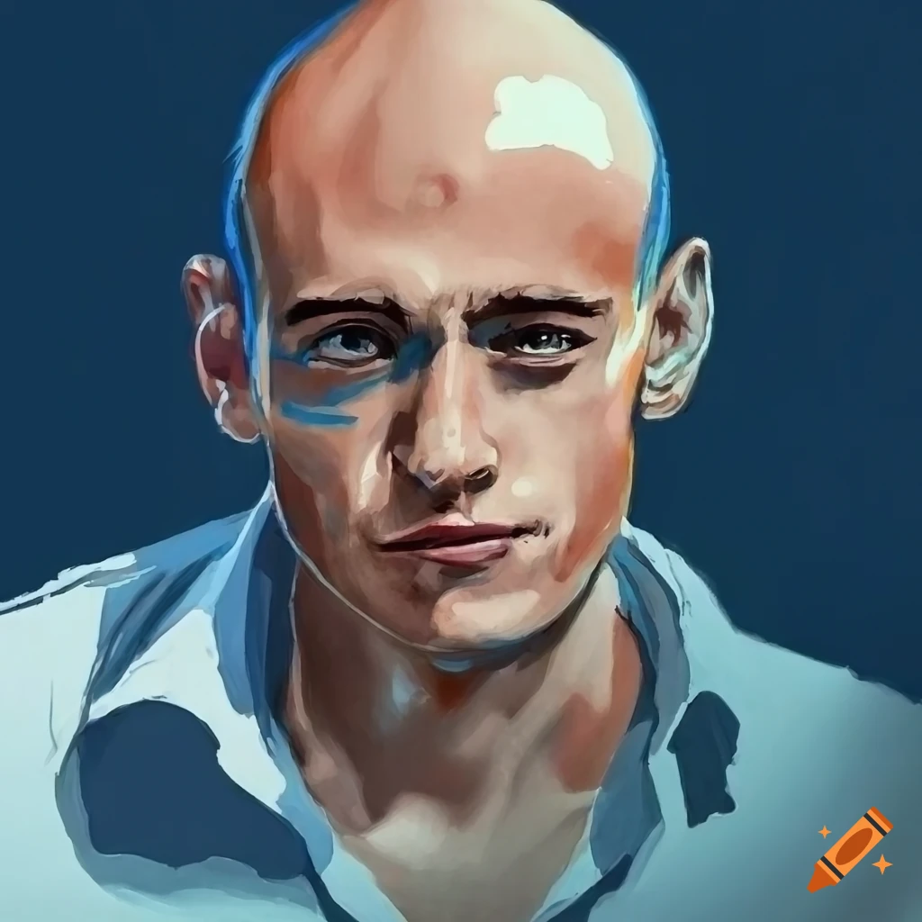 Highly-detailed colored pencil drawing of a man with a bald head and ...