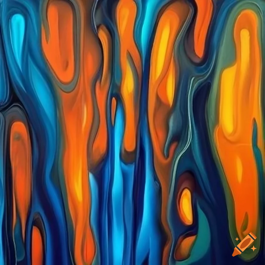 Gothic dark blue, orange, green abstract acrylic art on Craiyon
