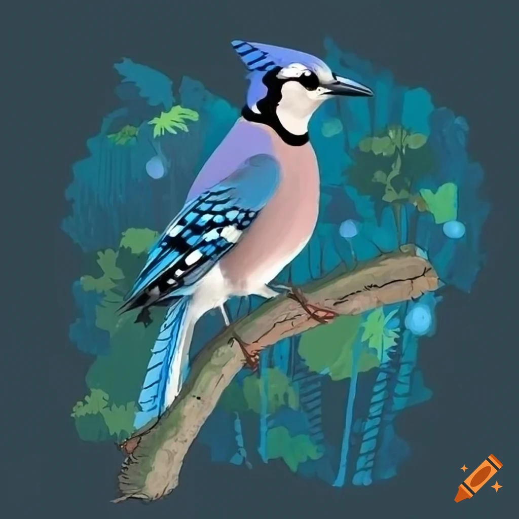 Blue jay on a forest branch with a distant city, in a children's book ...