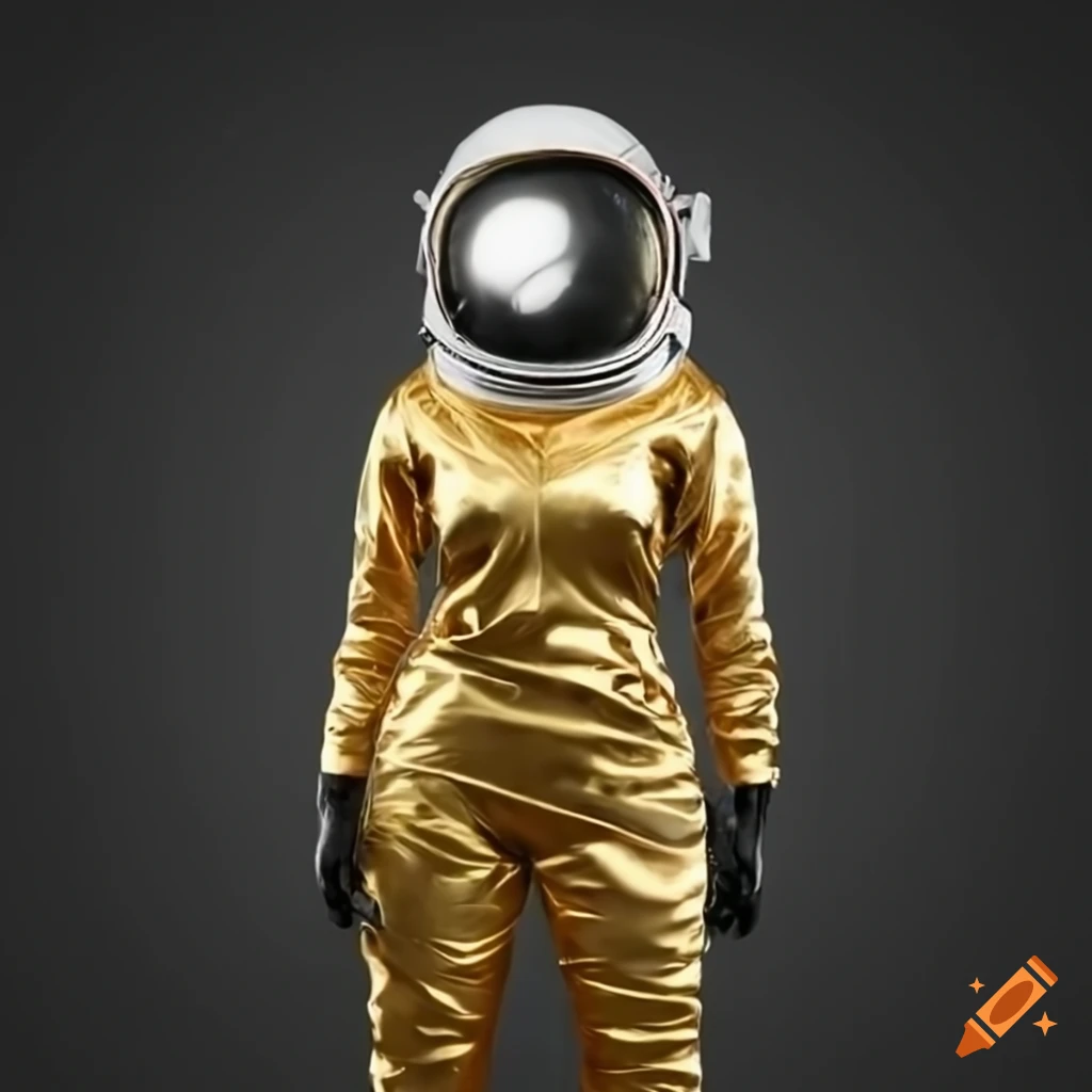 Woman astronaut in gold satin silk spacesuit and helmet on Craiyon