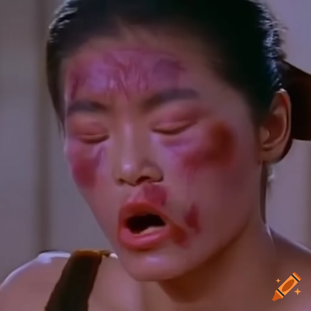 Asian woman martial arts fighter with bruised face in 80s action movie ...