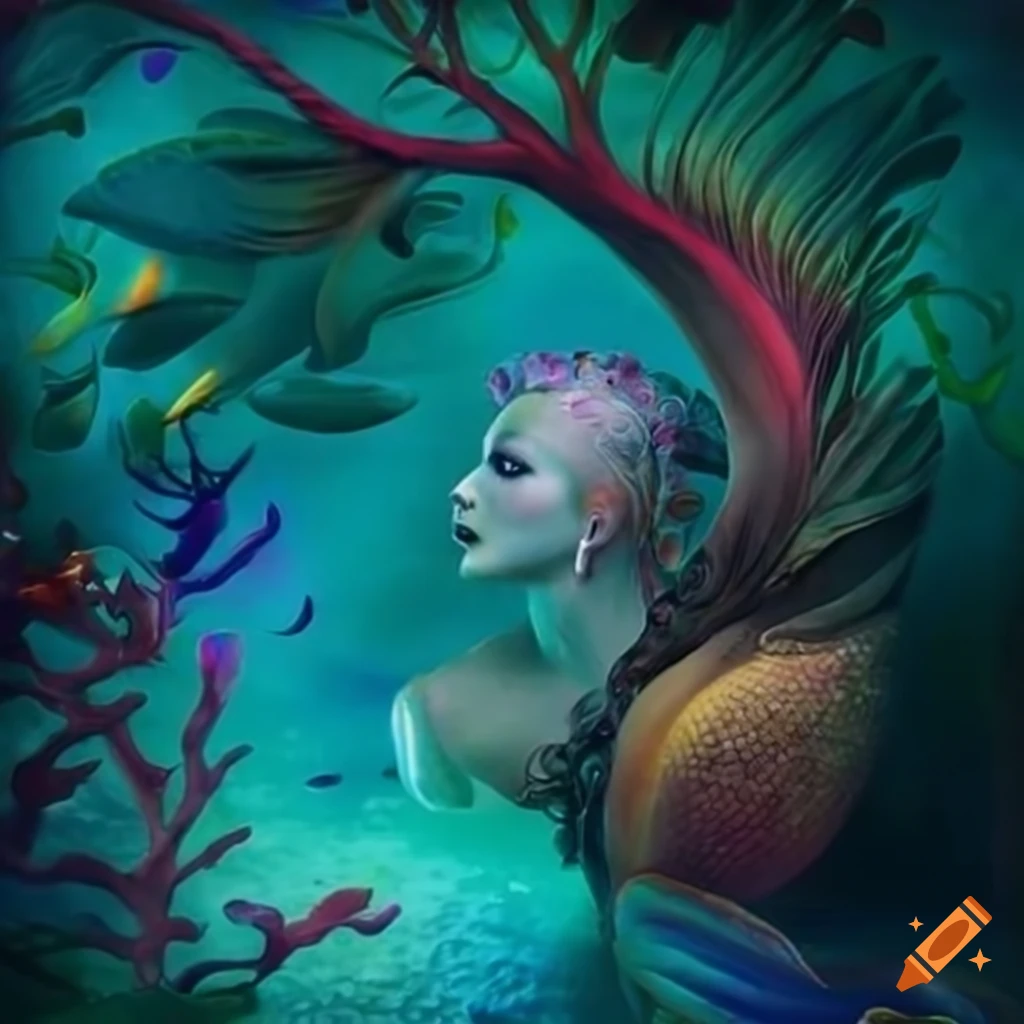 Two mermaid goddesses overseeing an enchanting realm of iridescent ...