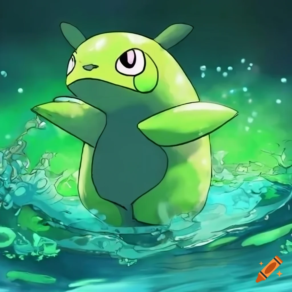 Green pokemon creature in water emitting green gas on Craiyon