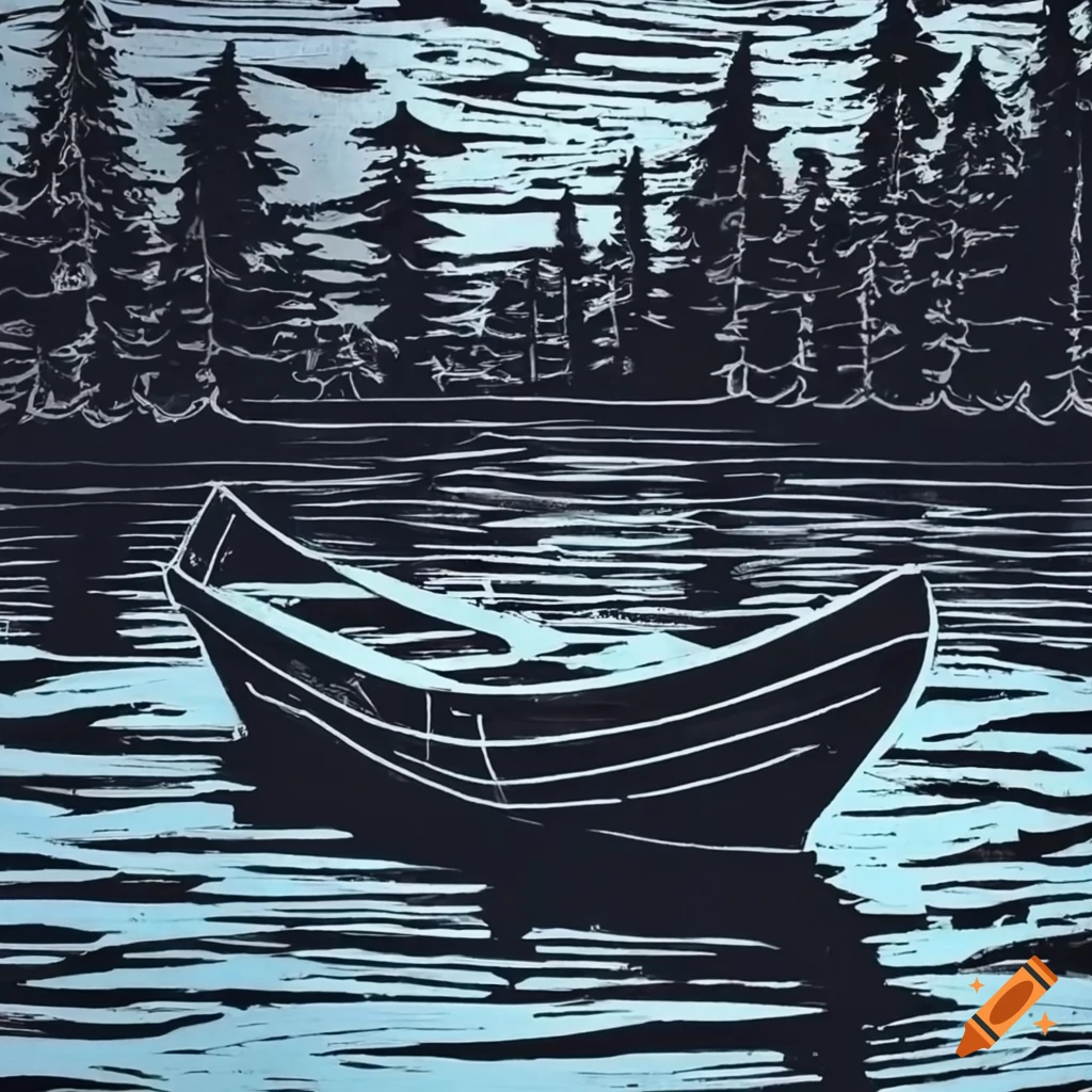 Grayscale high contrast linocut boat in a lake by the woods on Craiyon