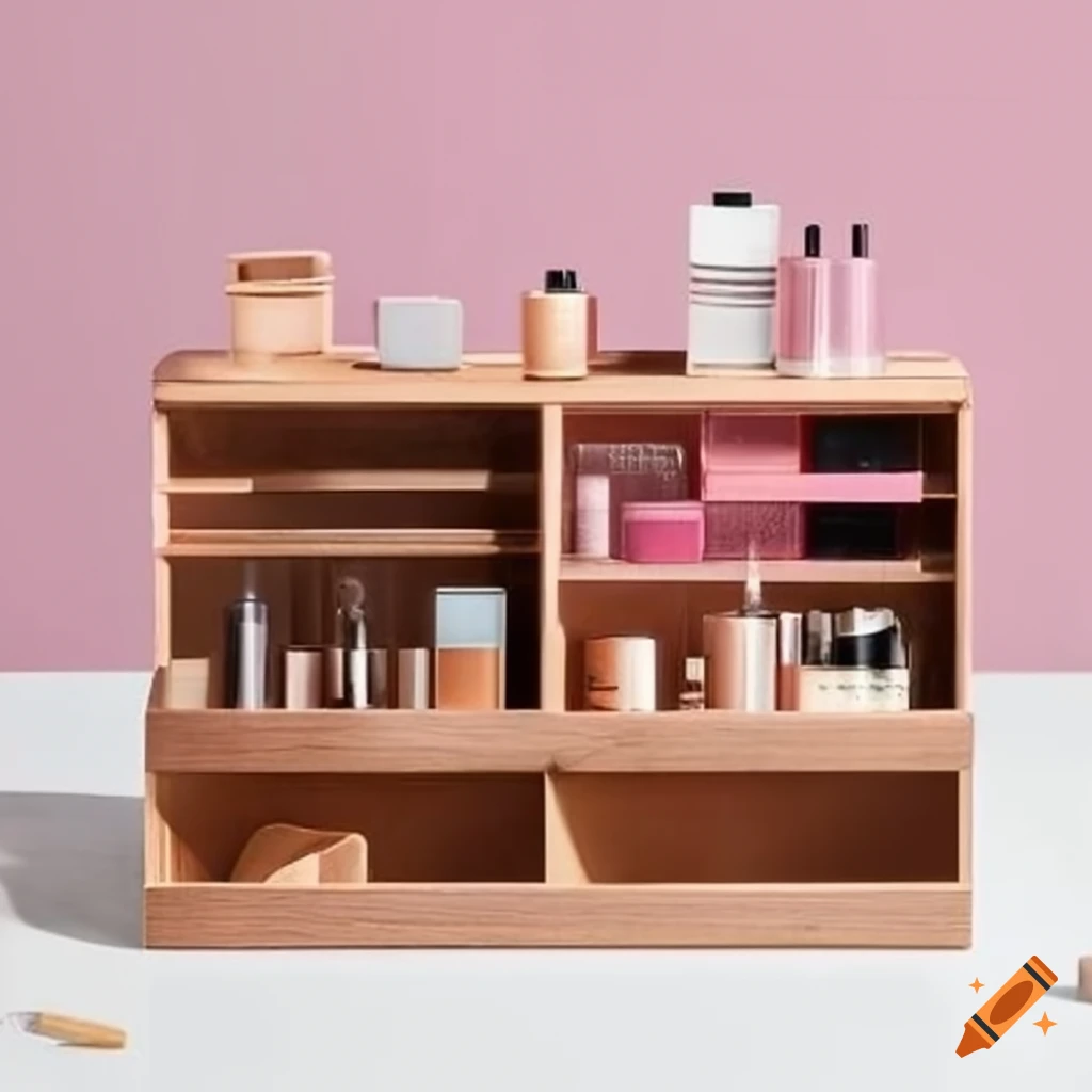 Wooden rectangular cosmetic organizer with shelves and drawer on Craiyon
