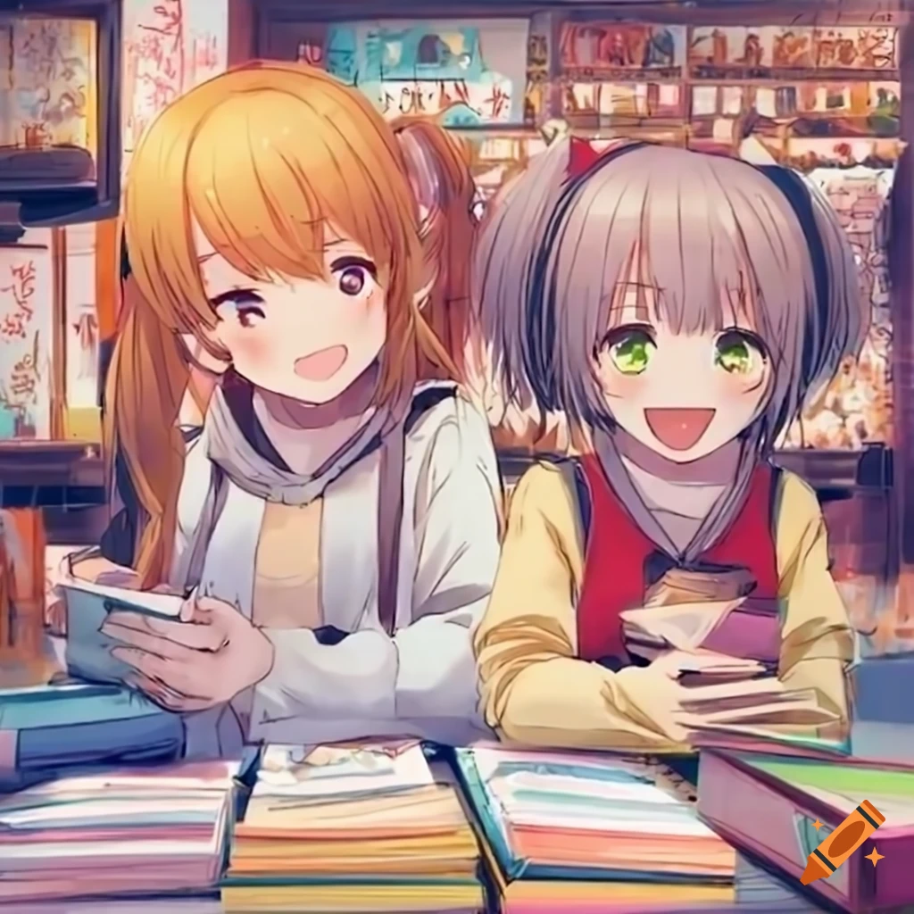 Joyful anime girls exploring scientific book stalls in a bustling ...