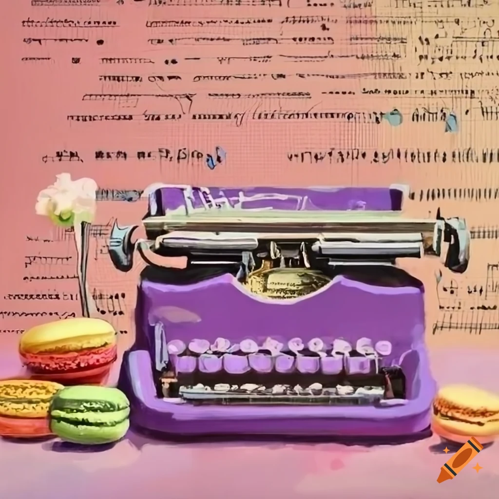 Pastel-colored painting of typewriter, music sheet, macarons, cupcakes ...