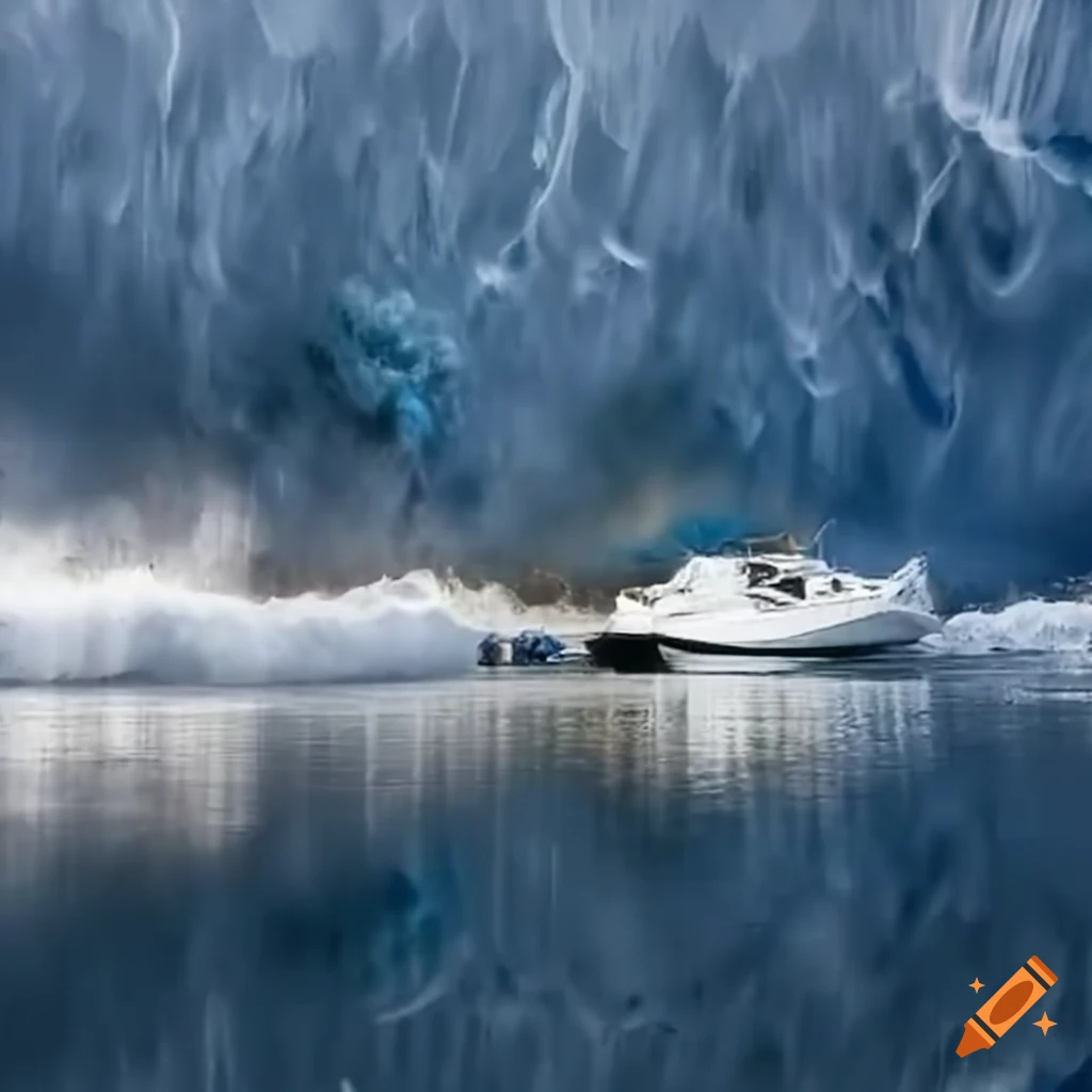 Close-up of two large boats crashing in refracted water reflecting the ...