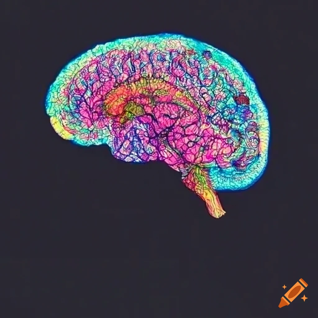 Intricate drawing of a cerebral cortex with firing neurons and colorful ...