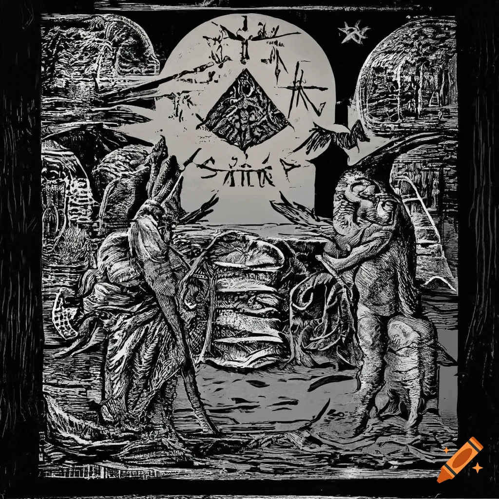 Detailed woodcut occultism scene with witchcraft and black magic in ...