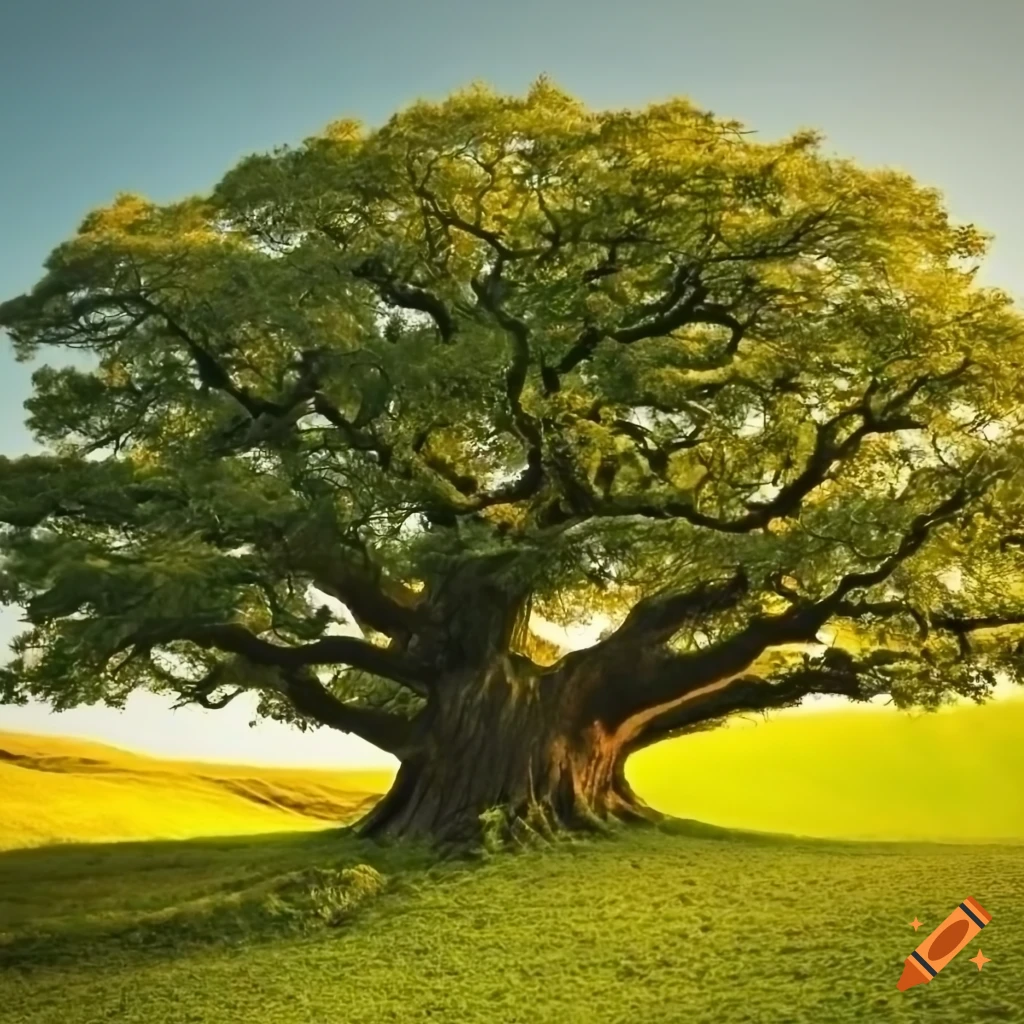 Magnificent sacred oak tree with rolling hills and sunshine in the ...