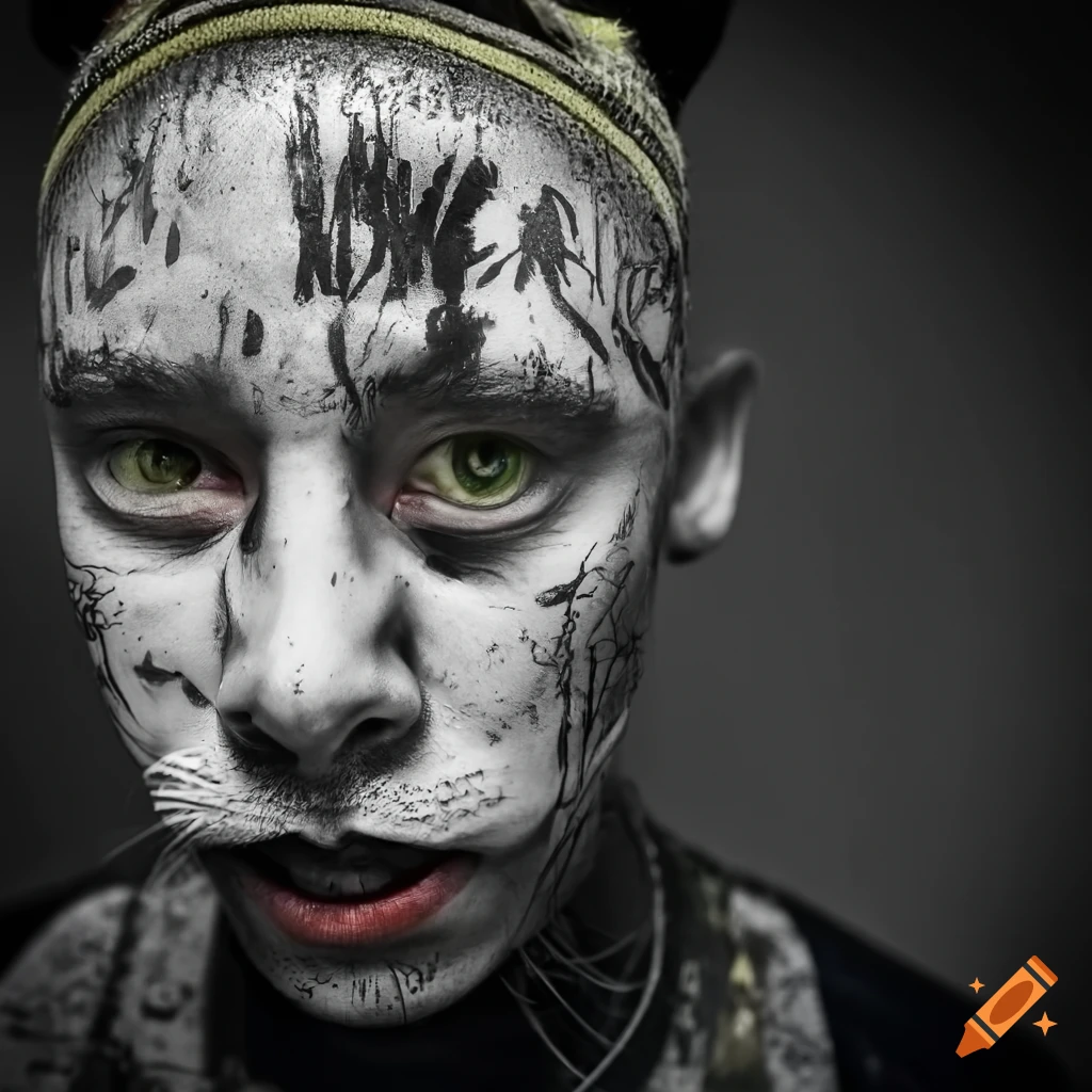 Highly detailed portrait of a cat with white graffiti face paint in a ...