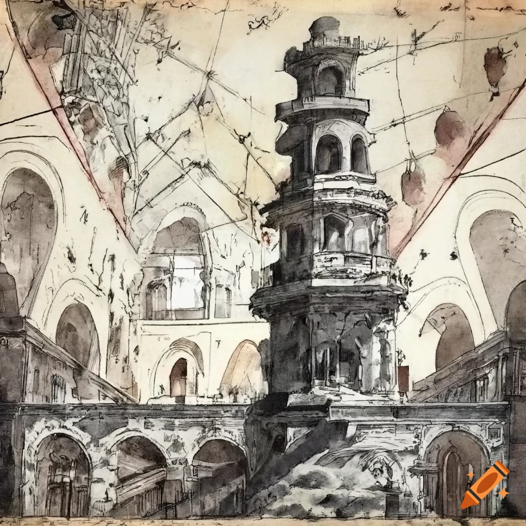 Enormous multi-level room with stone arches and freestanding towers on ...