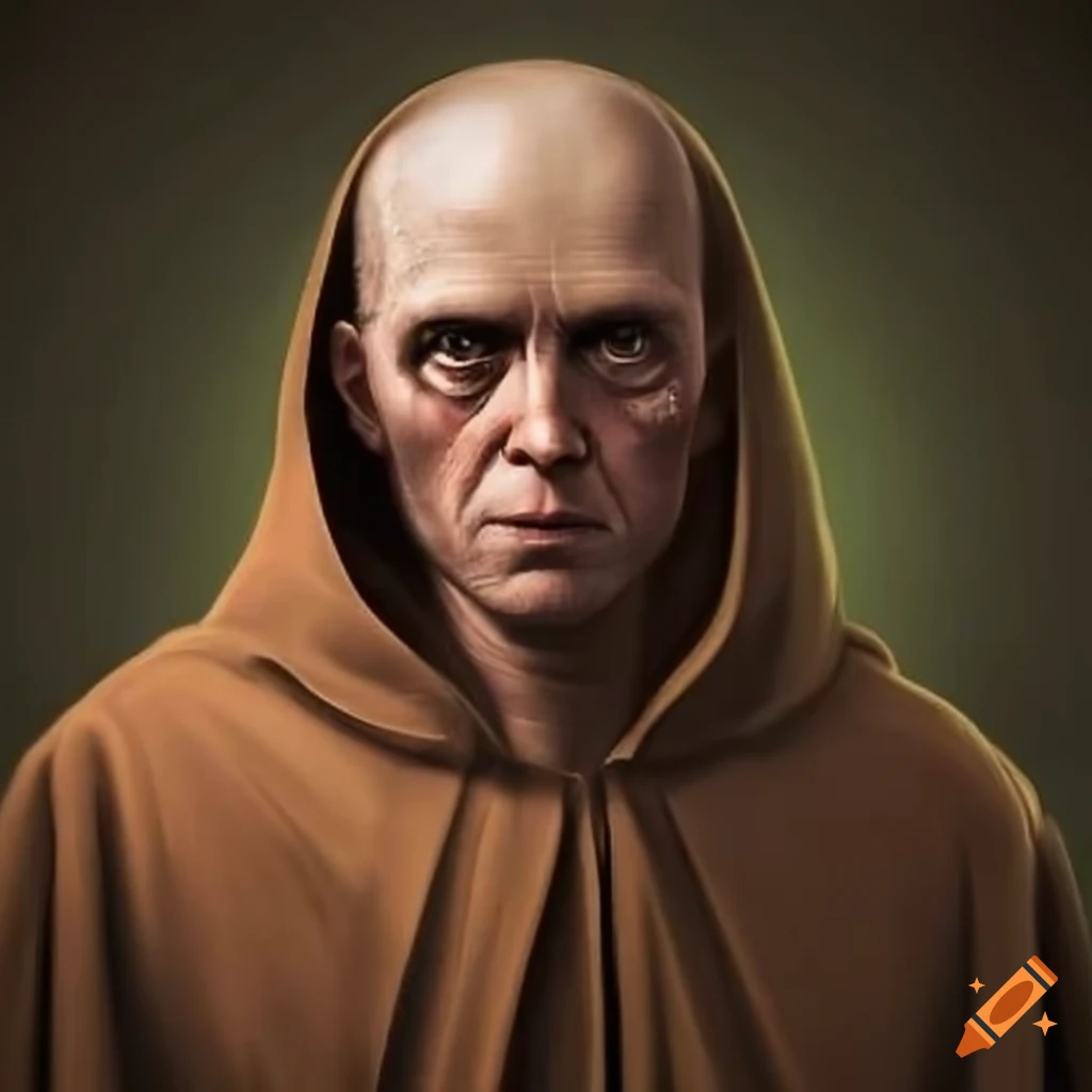 Gregorian monk in a brown robe walking through a field on Craiyon