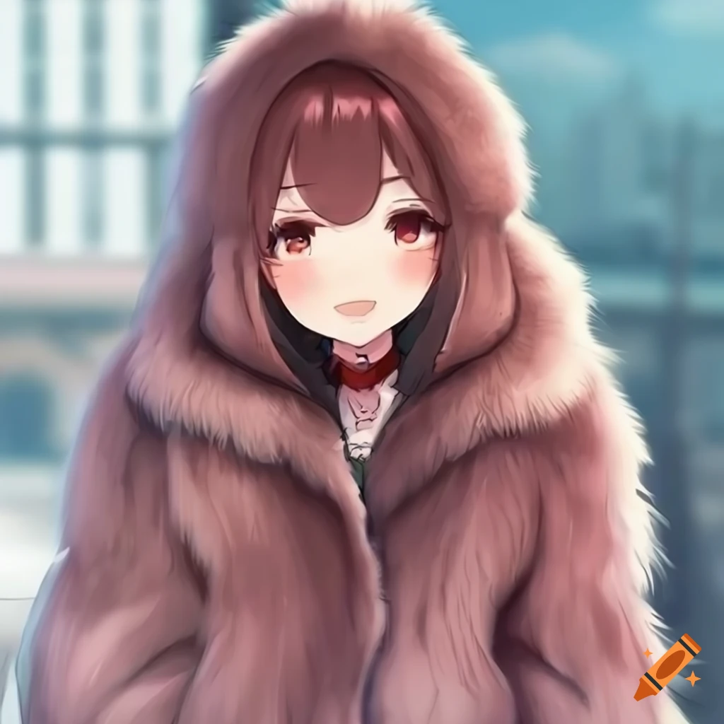 Anime girl wearing a fluffy fur coat on Craiyon