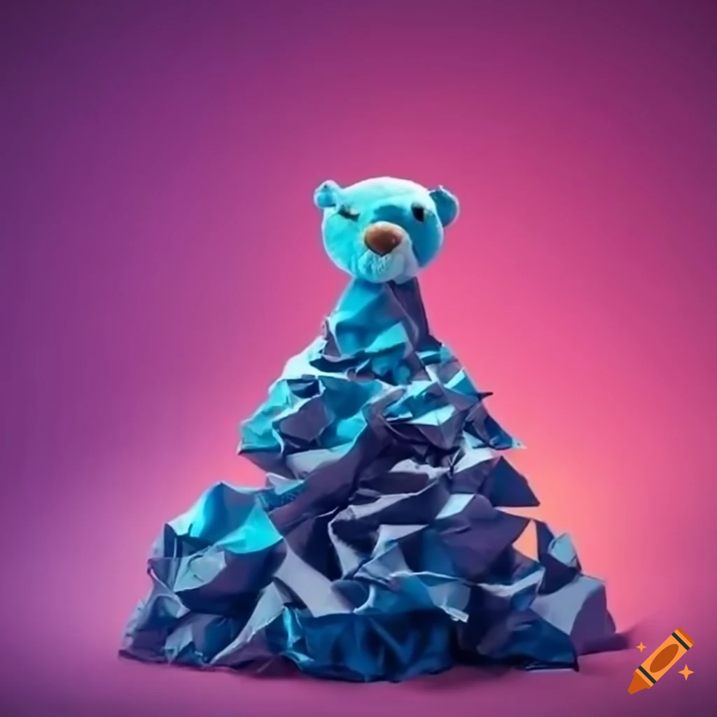 Plush bear in front of crumpled paper pyramid on Craiyon