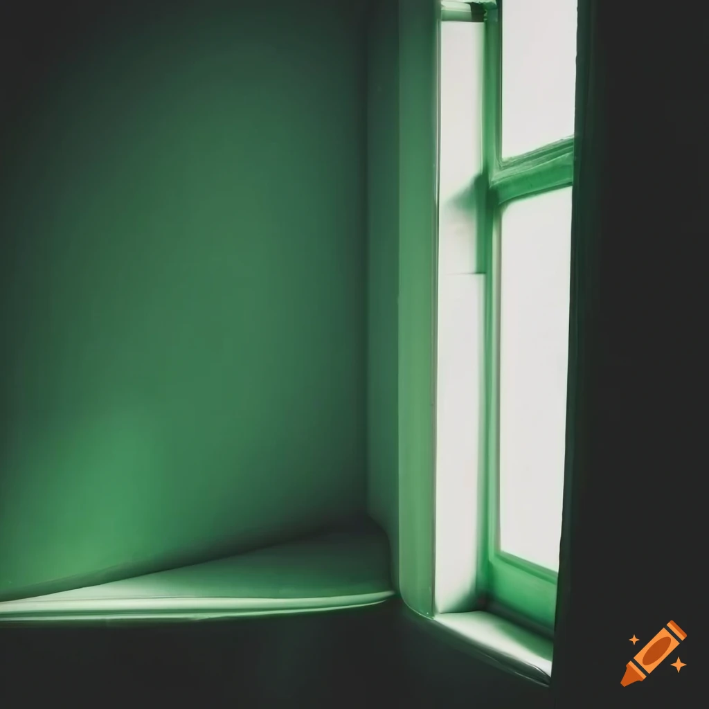 Green and yellow solid objects with shadows on a windowsill in a dark ...