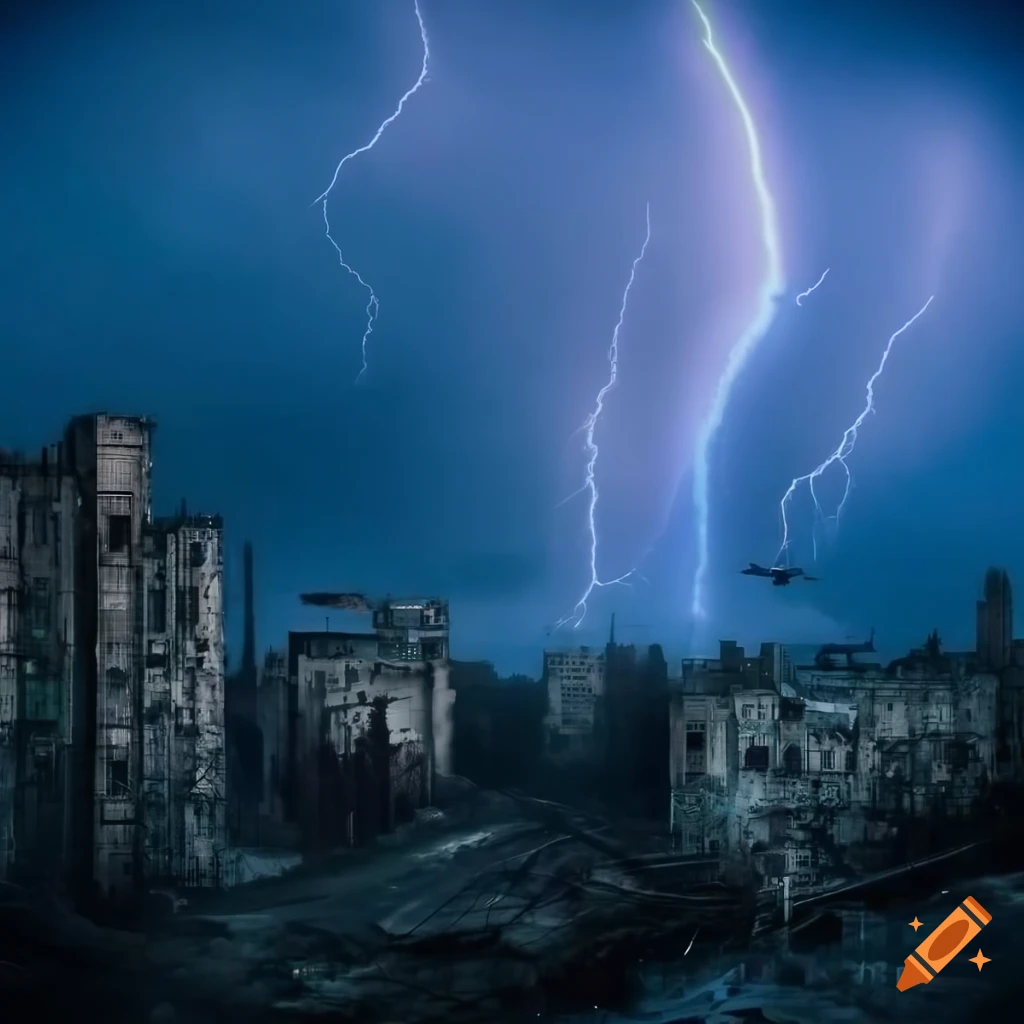 Post-apocalyptic urban landscape at night with ravens and eerie blue ...