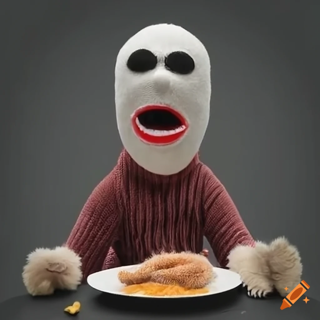 Ski mask puppet having breakfast with fluffy worm creatures on Craiyon