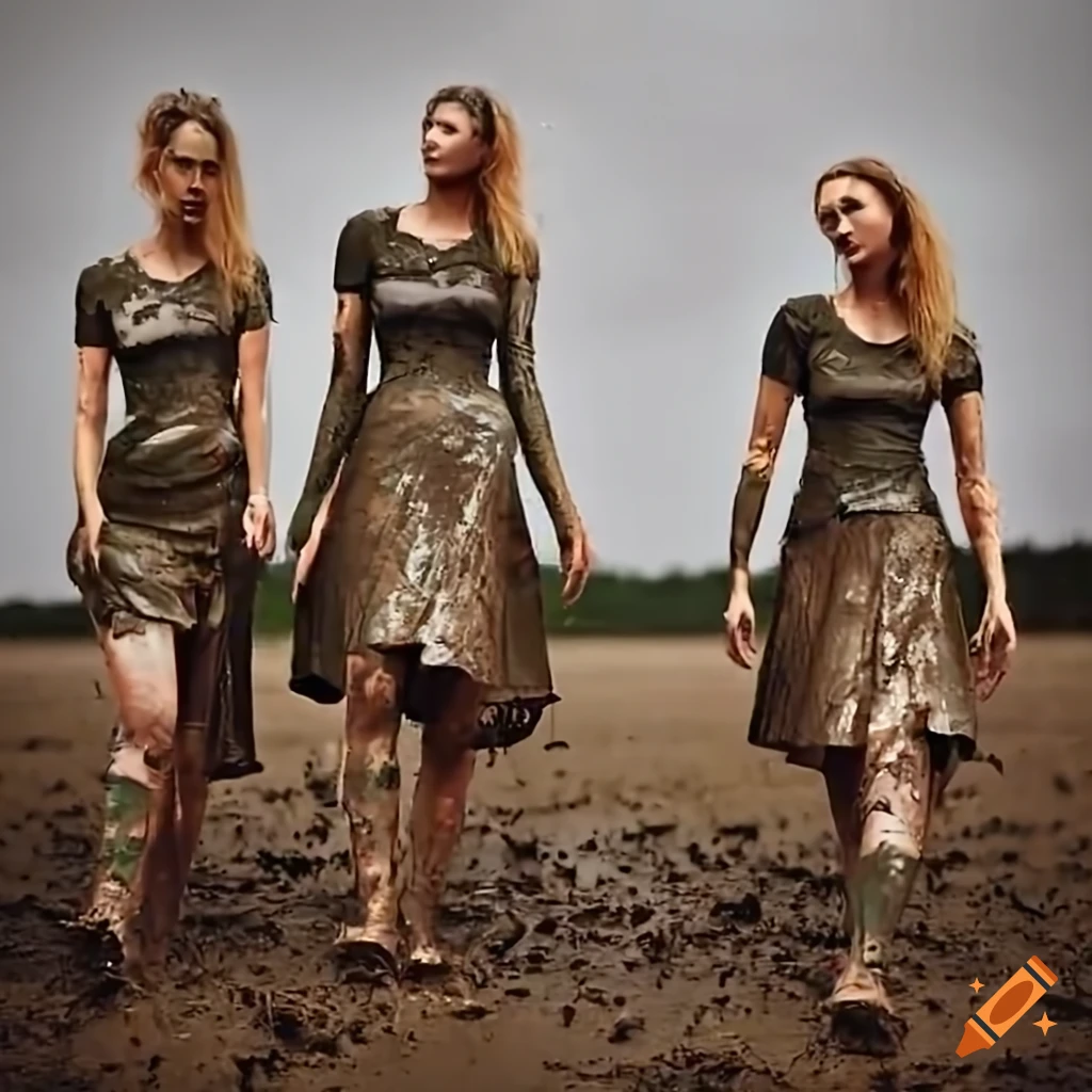 Four women walking in a muddy field with mud-splattered skirts and t ...