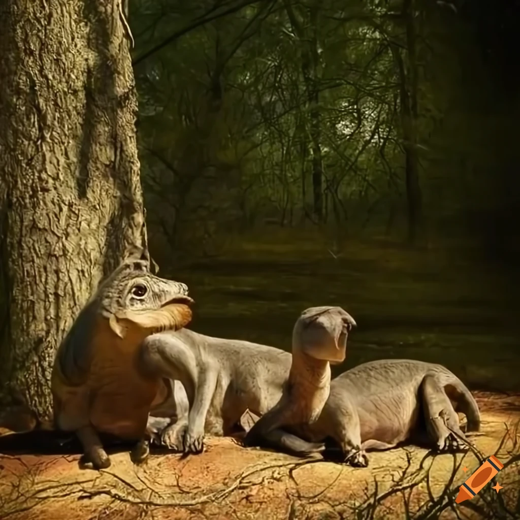 Mother Hadrosaurus with her two youngs in a sunny clearing on Craiyon