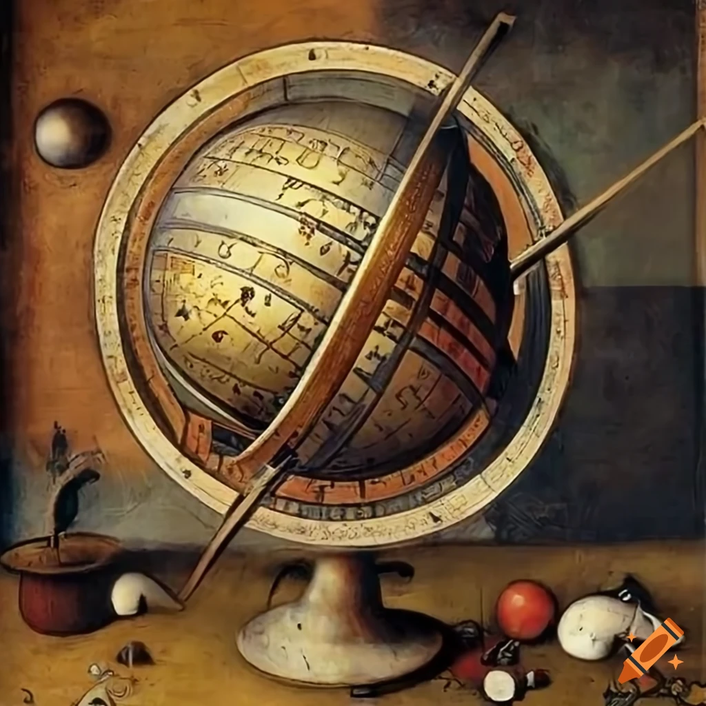 Detailed metal armillary with aurora in the distance, medieval painting ...