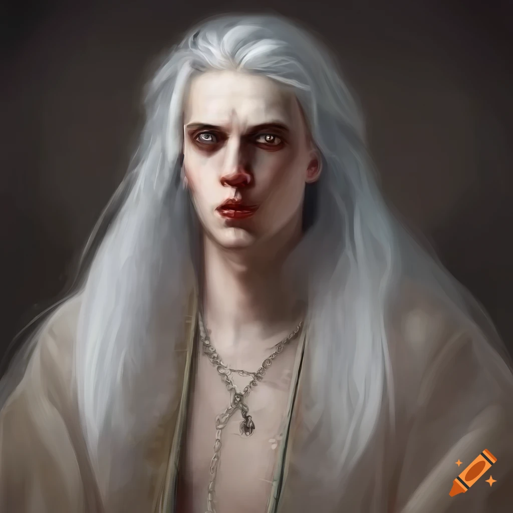 Portrait of an androgynous young man in ornate white emperor robes with ...