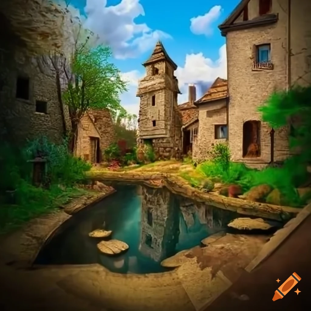 Imaginative stone houses in a barren landscape transformed into a ...